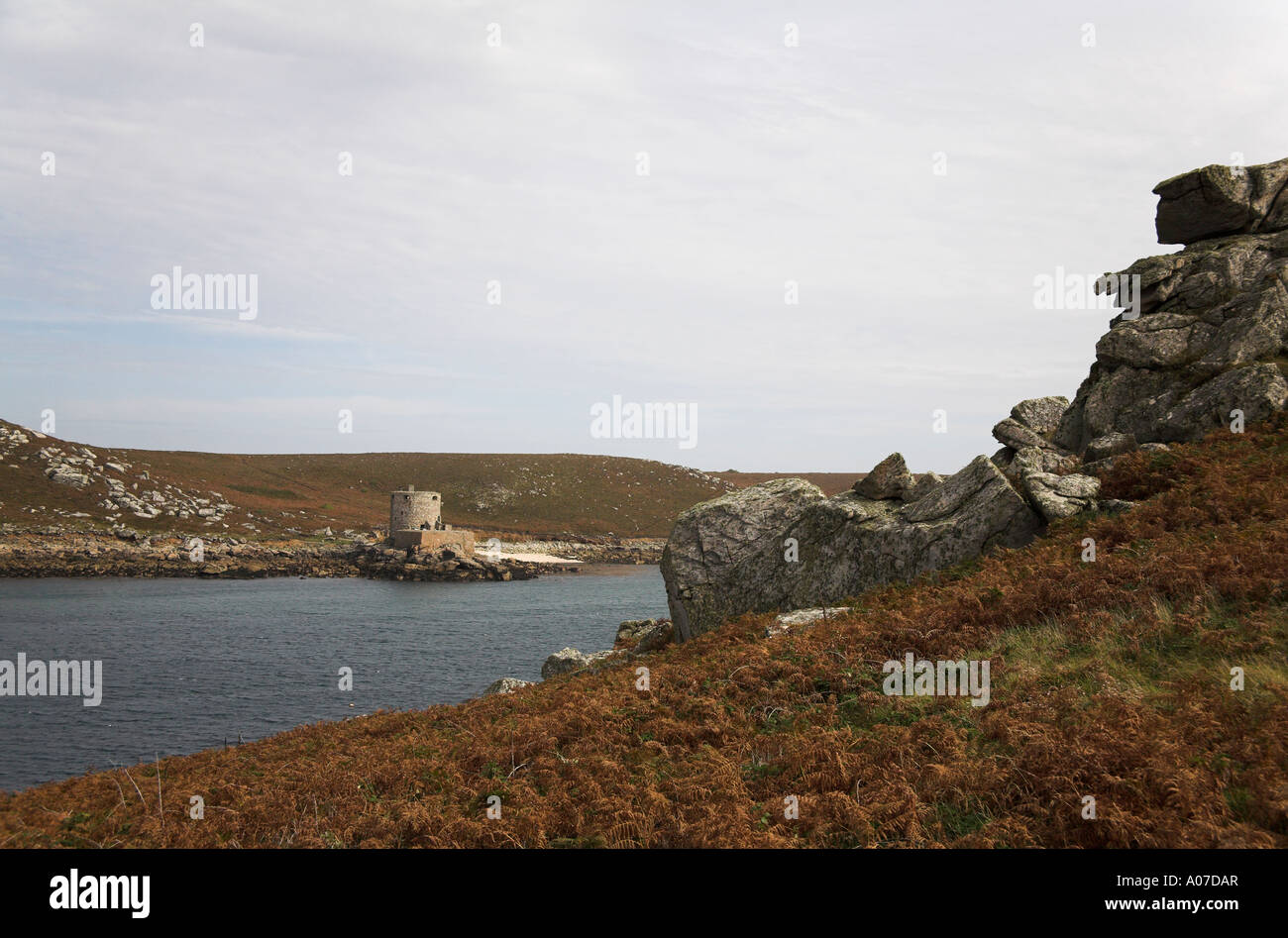 Stock photograph of Tresco Oliver Cromwell castle tower from Bryher ...