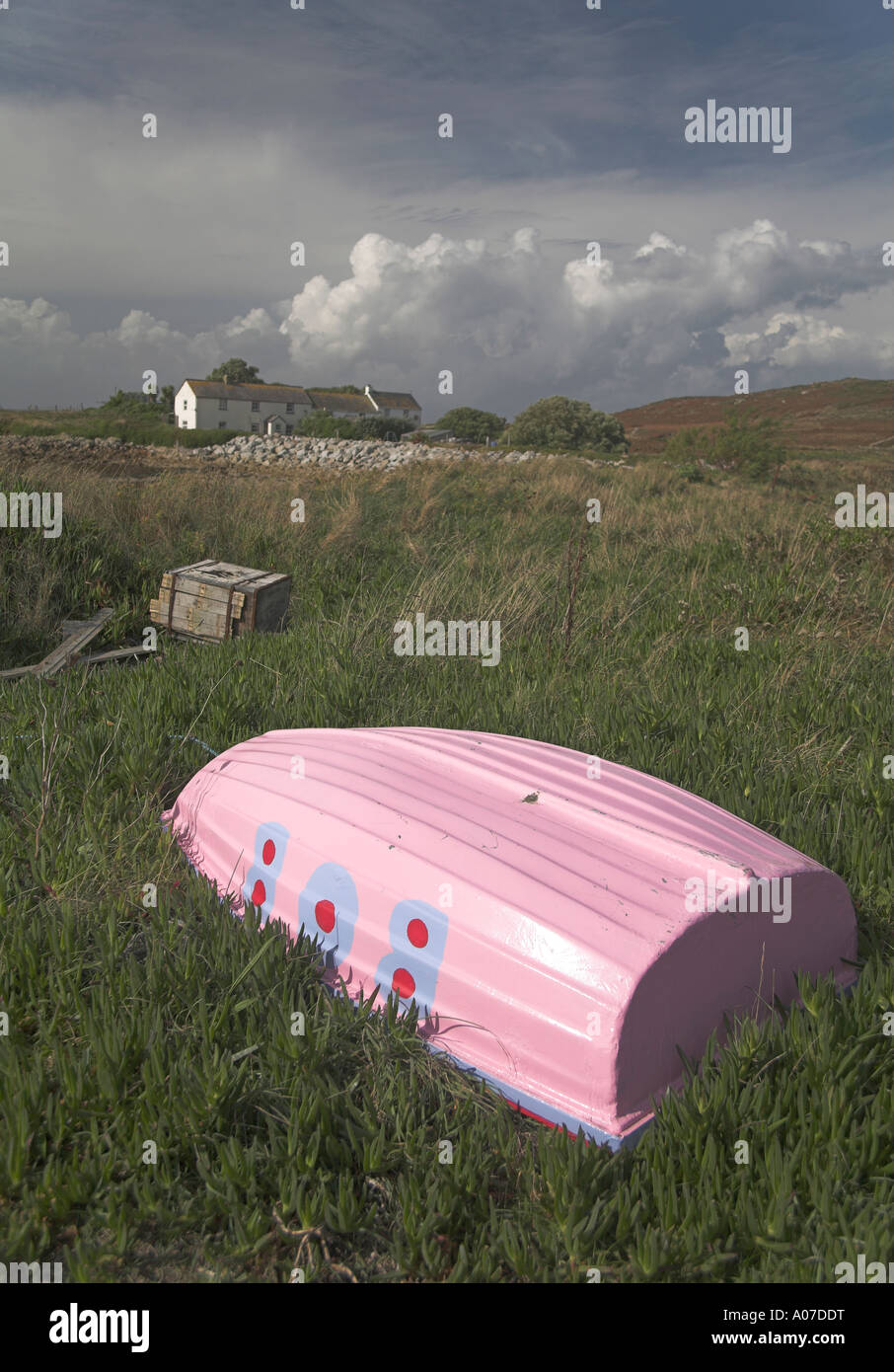 Stock photograph of pink rowing boat Hell Bay beach Bryher isles of ...