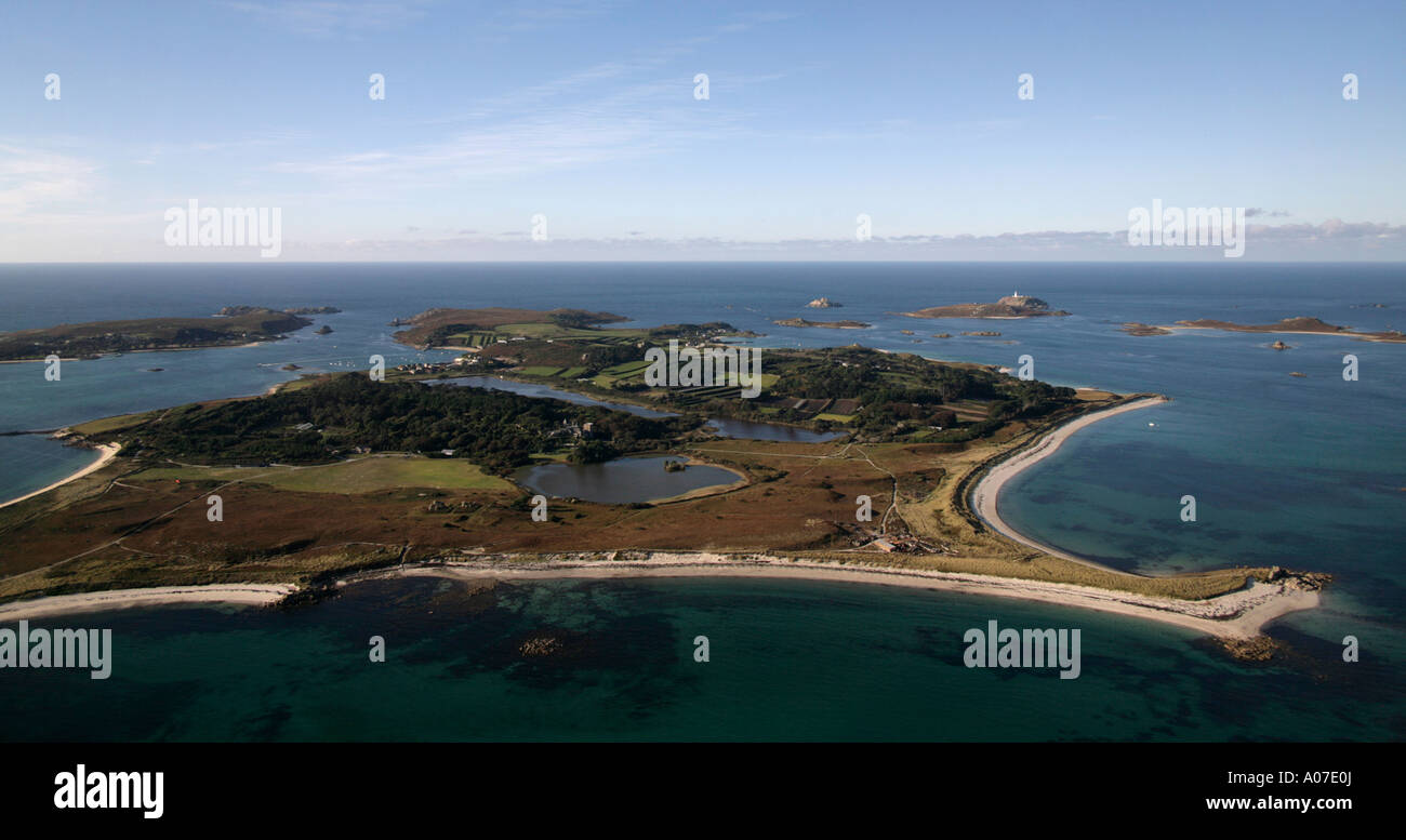 aerial view of Tresco Isles of Scilly east coast Pentle Bay Lizard ...