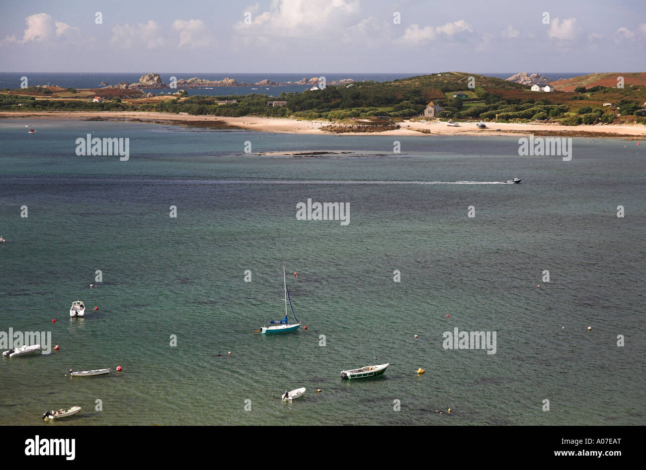 Bryher All Saints church from Tresco across channel isles of scilly ...