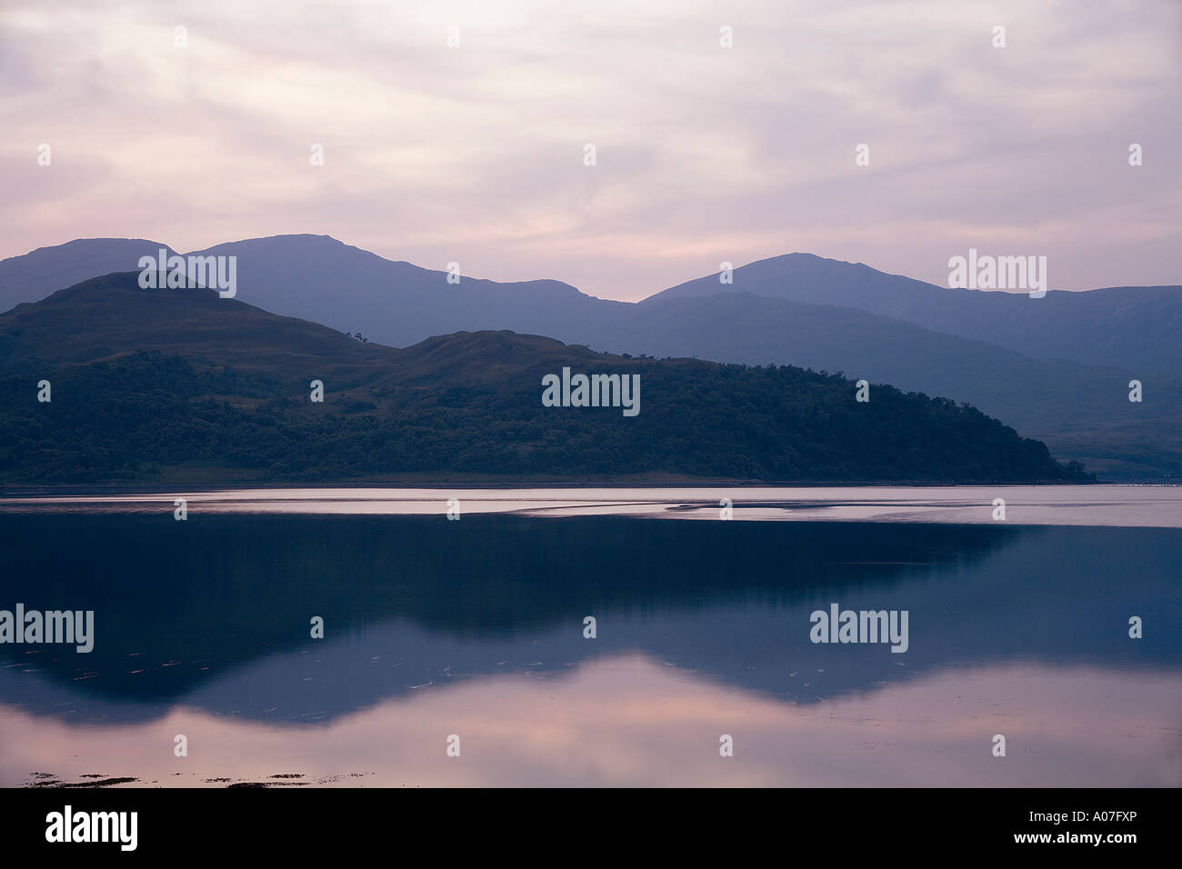 Reflective landscape Loch Spelve, Croggan, Isle of Mull, Scotland ...