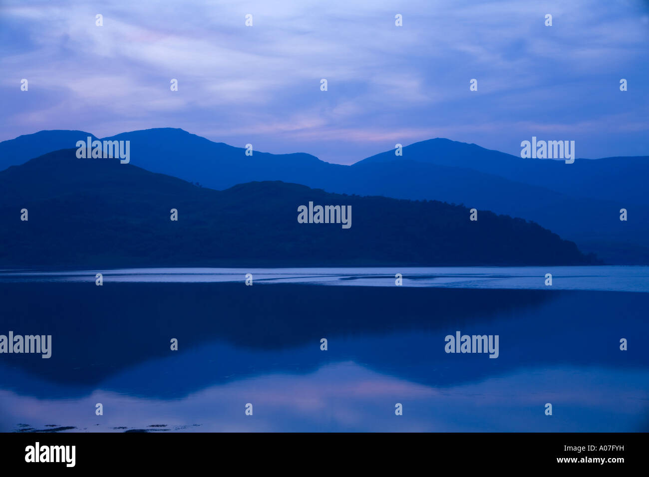 Reflective landscape of Loch Spelve viewed from Croggan, Isle of Mull ...