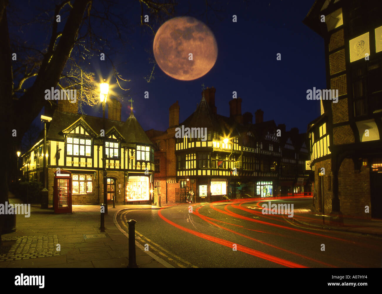 Full Moon Over St Werburgh Street, Chester, Cheshire, England, UK Stock ...