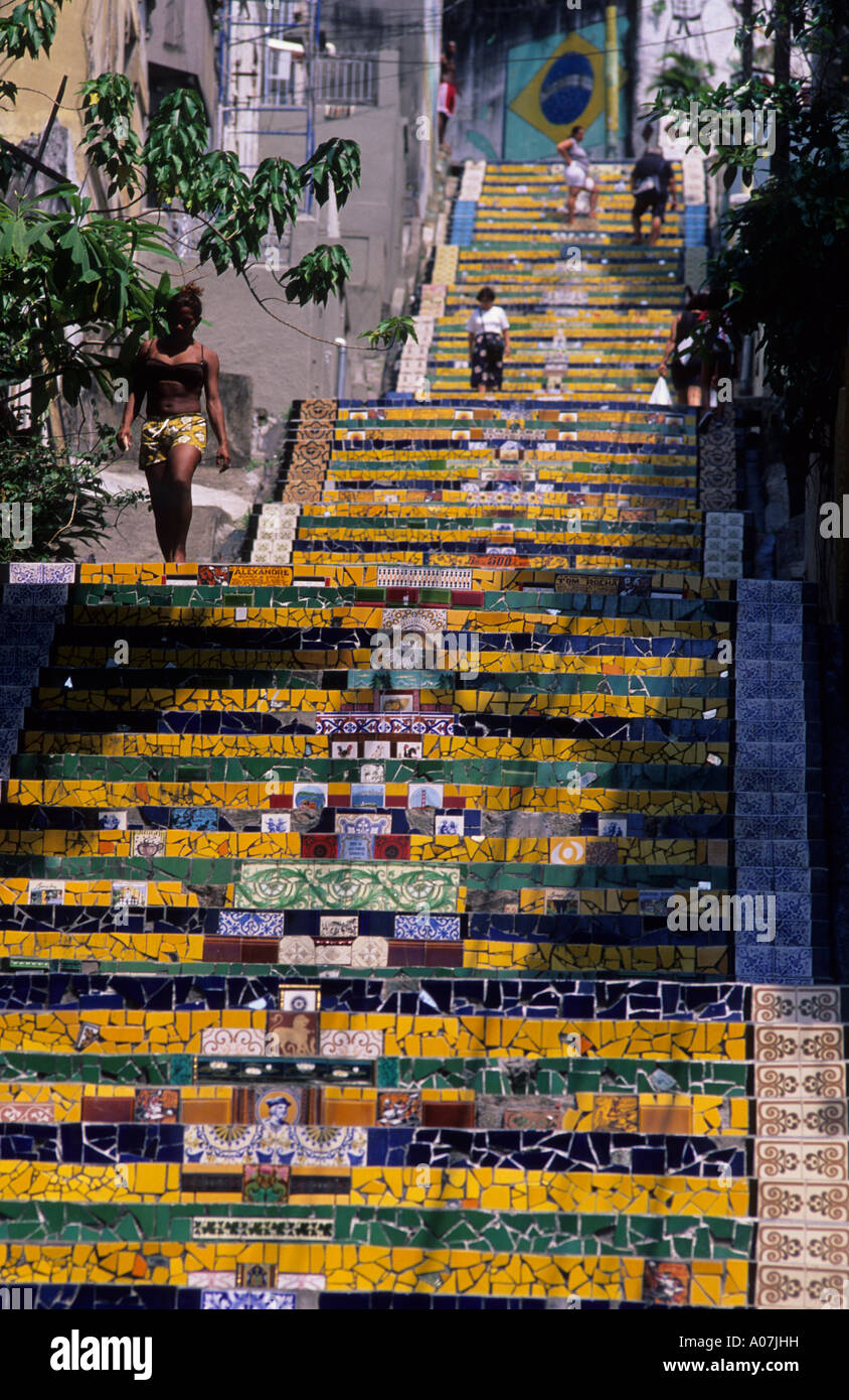 Stairs decorated with glazed tiles by artist Selarón in Santa Teresa ...