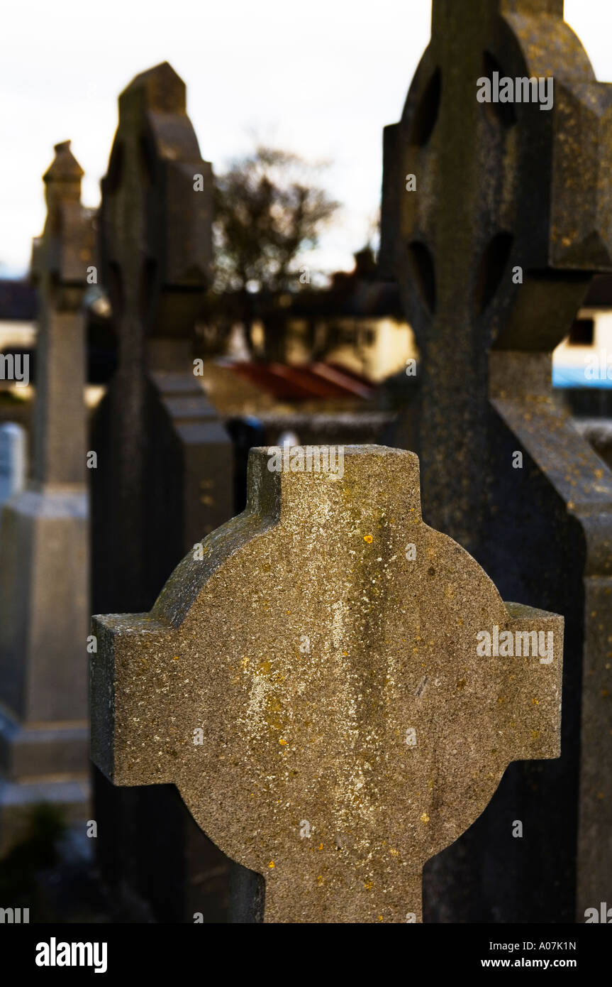 Gravestone crosses of the Celtic tradition in a cemetery near Dublin ...
