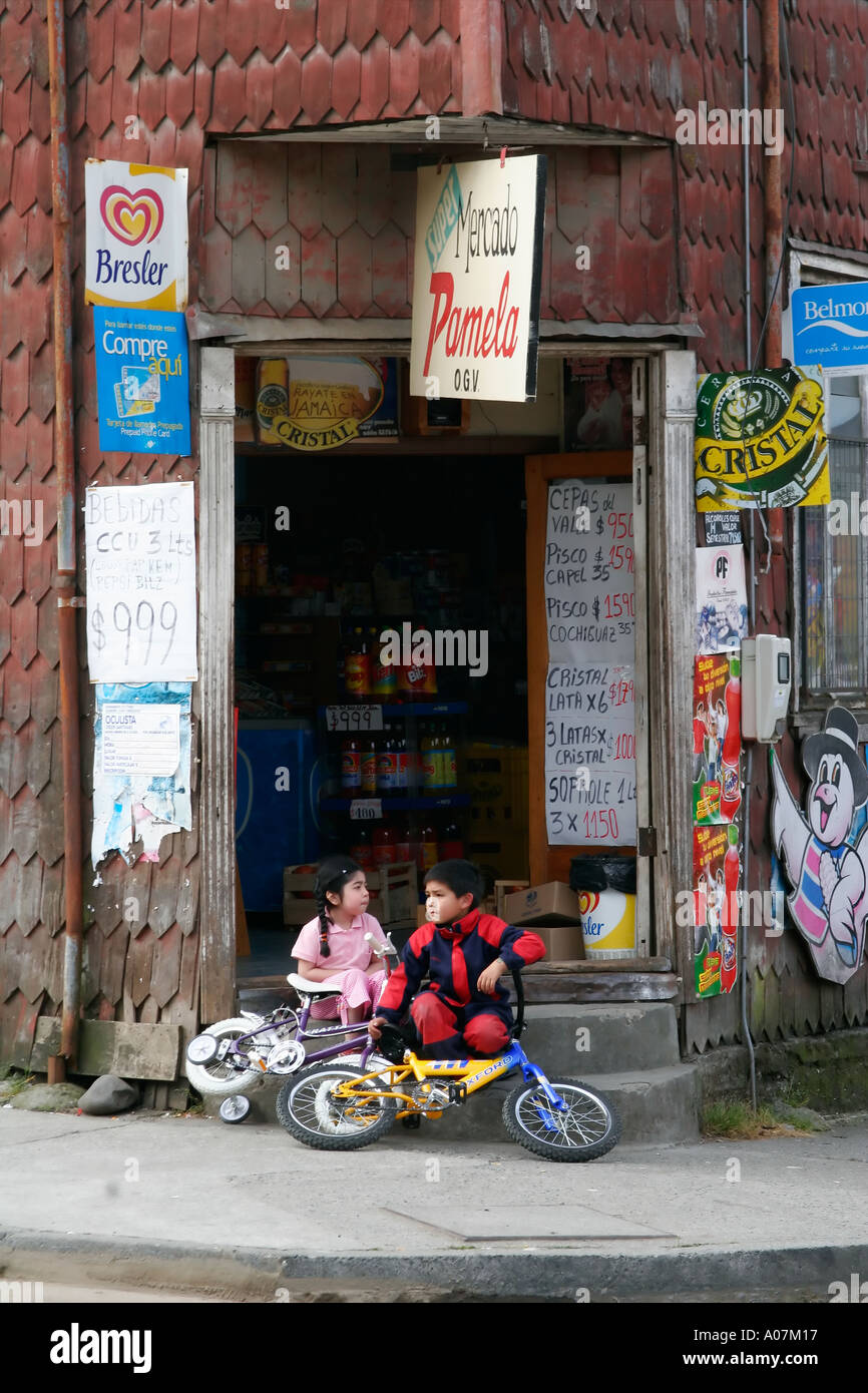 local children outside a shop Chonchi Chiloe Chile south america Stock ...