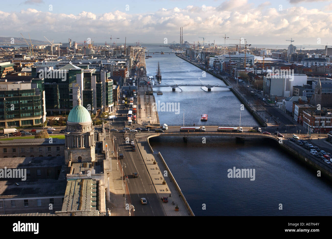 View looking towards Dublin Bay and the docks from Dublin city centre ...