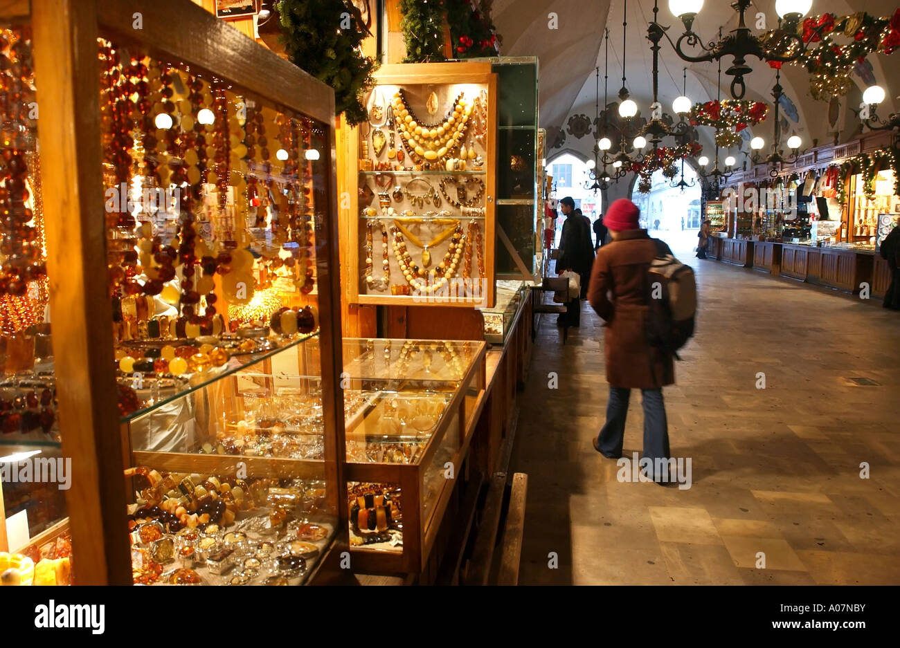 Amber jewellery on sale inside Sukiennice medieval cloth hall Rynek ...