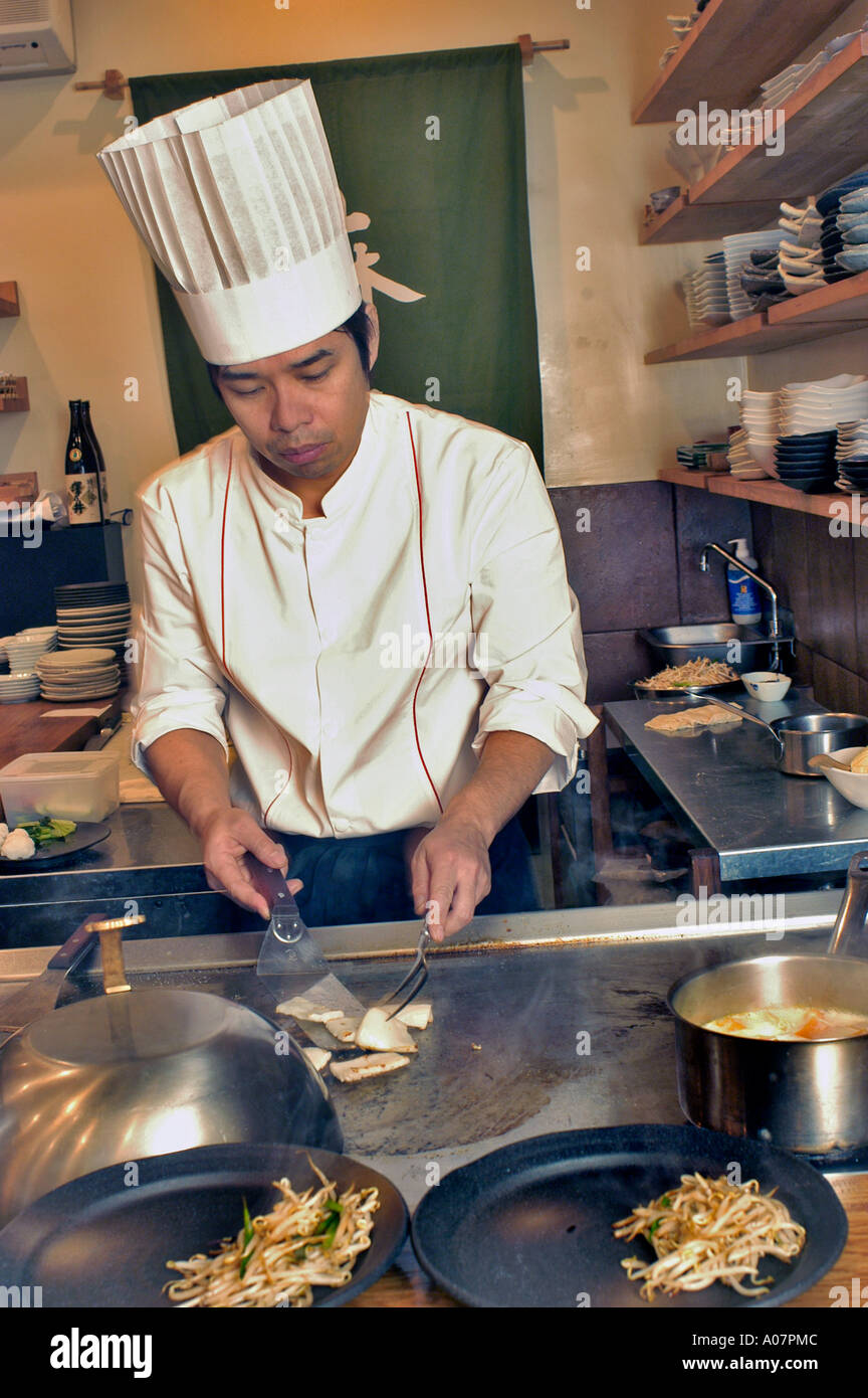 PARIS France, Interior Modern Japanese Restaurant Chef Frying Food on ...