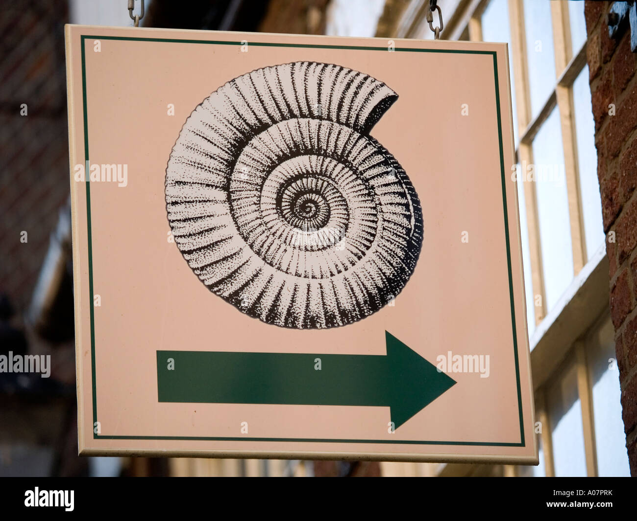 A shop sign showing a picture of an ammonite fossil at Whitby North ...