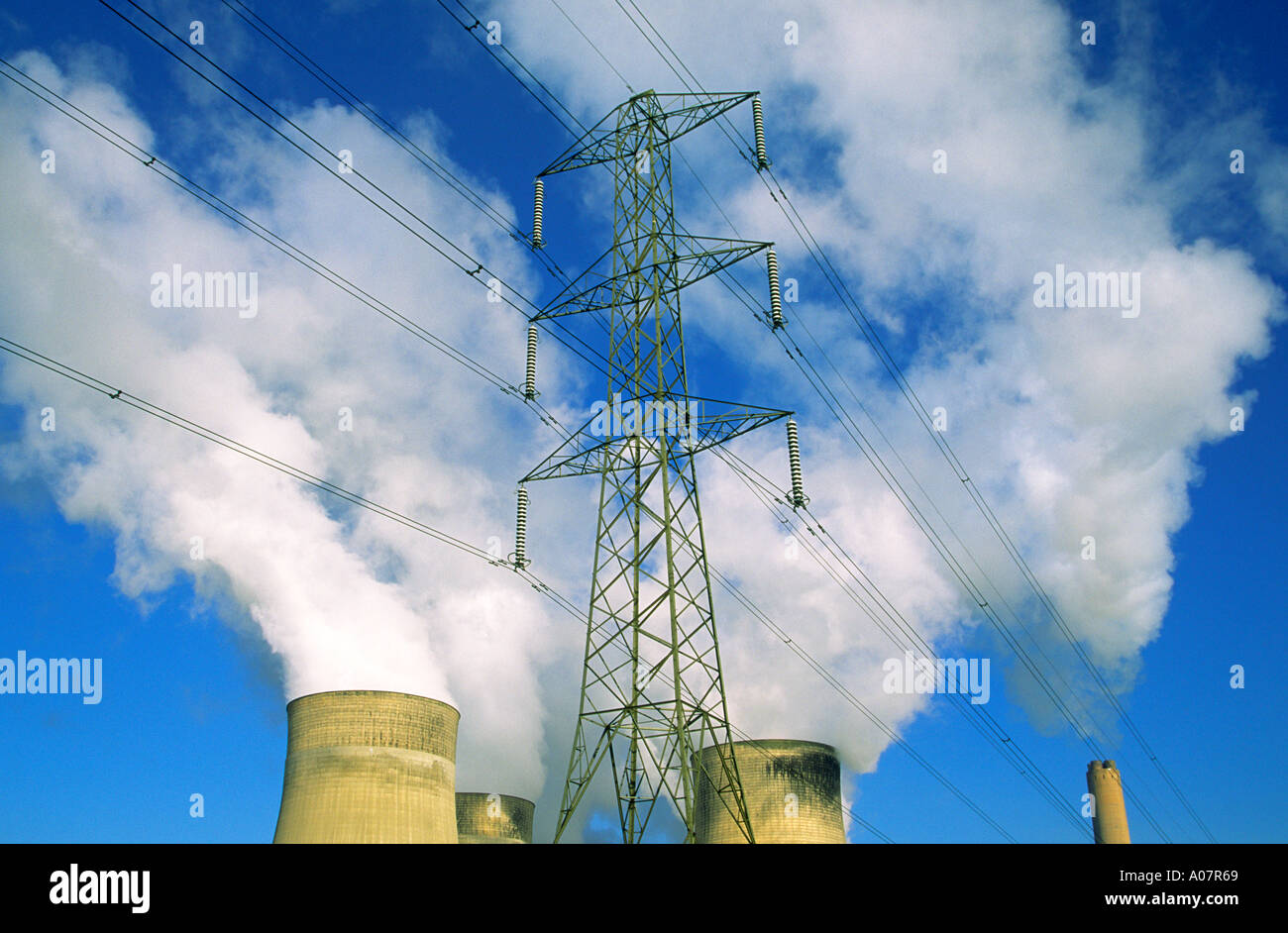 Steam from cooling towers and overhead power line coal fired power ...