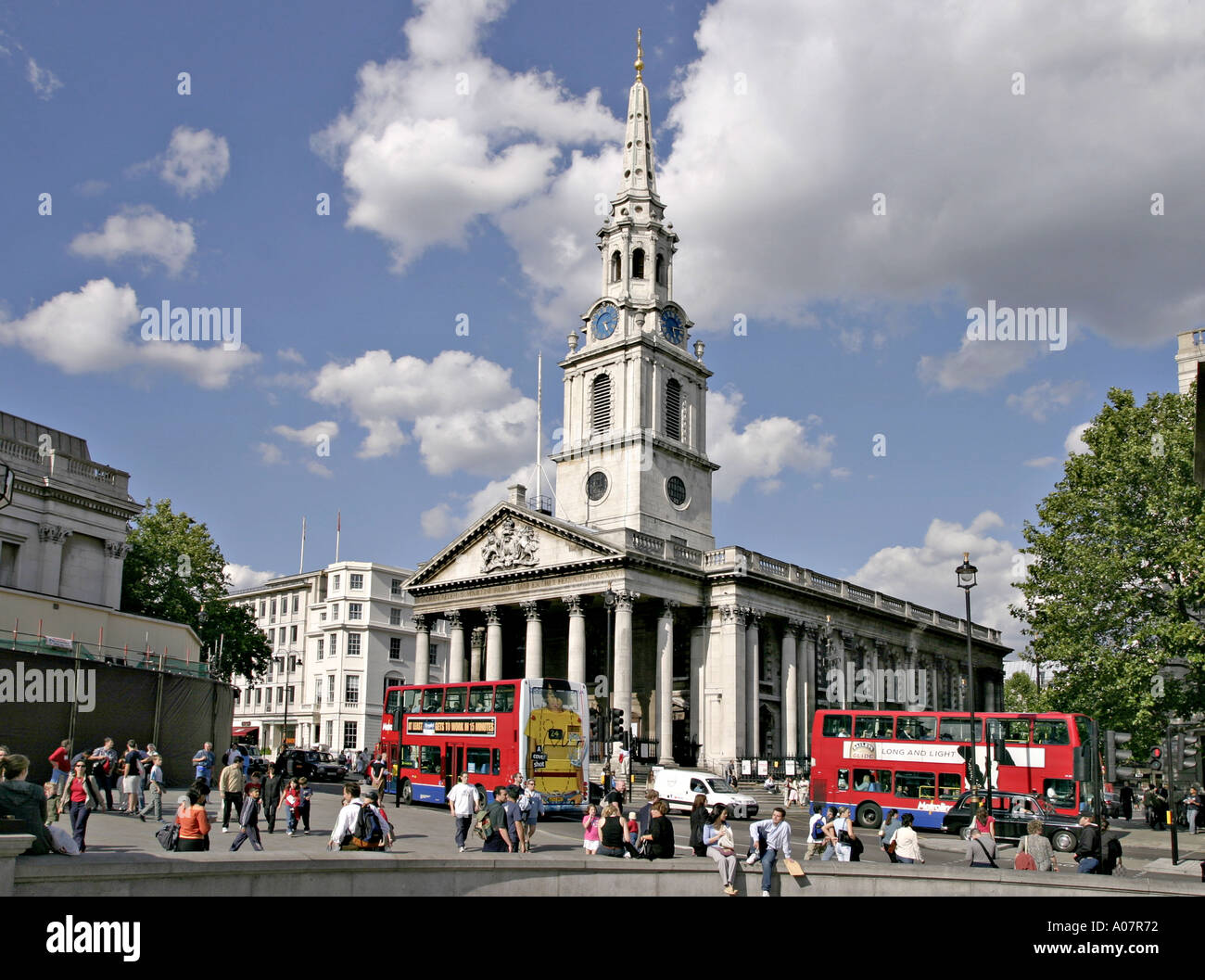 London UK St Martins in the Field Church and London bus Stock Photo - Alamy