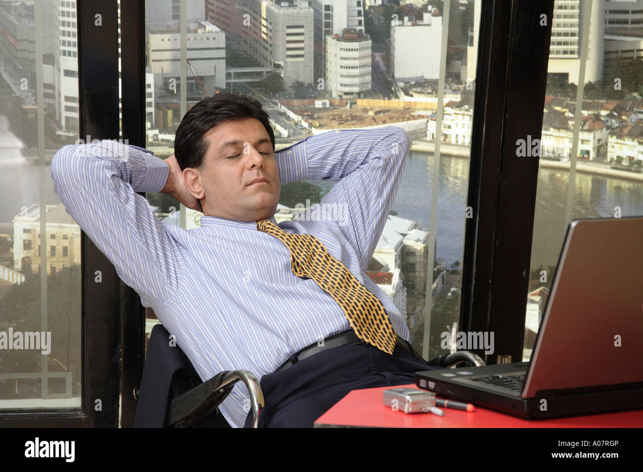 Boss sleeping relaxing thinking after seeing message on laptop computer ...