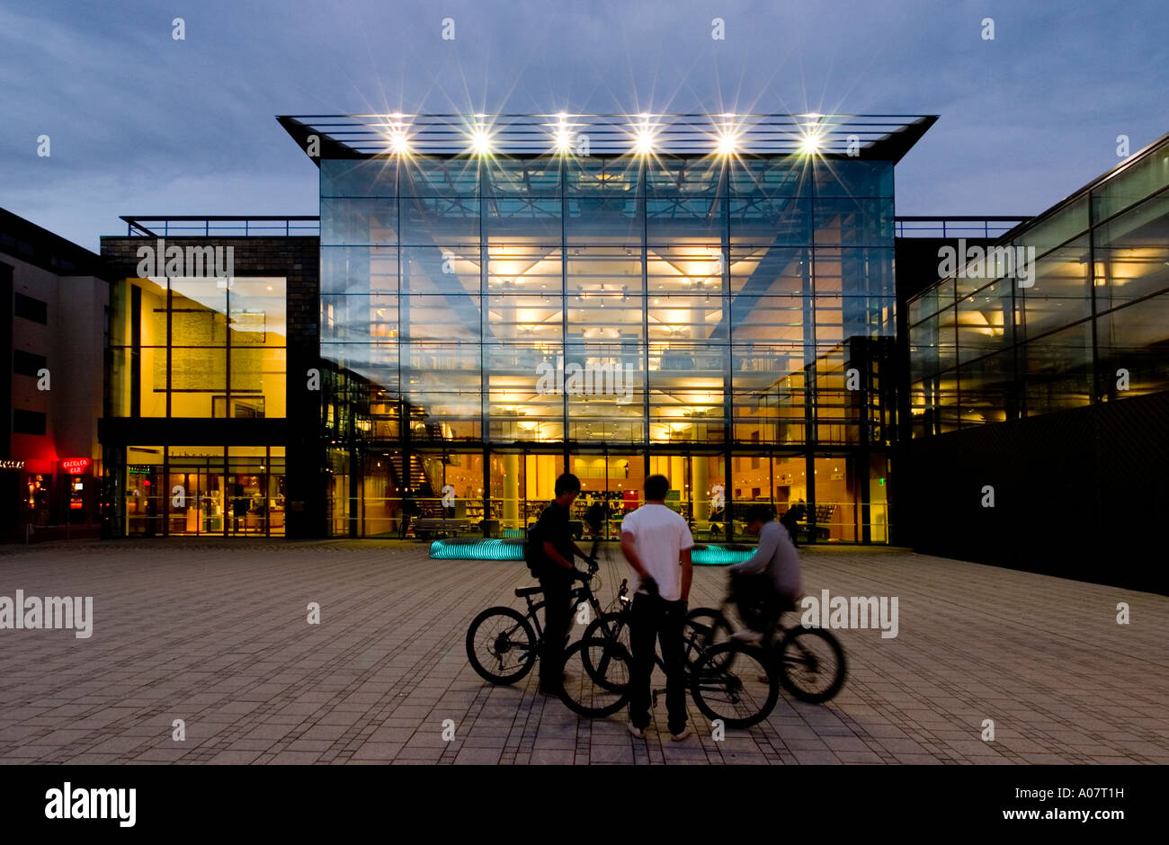 Jubilee Library, Brighton,UK.Main elevation of library at night with ...