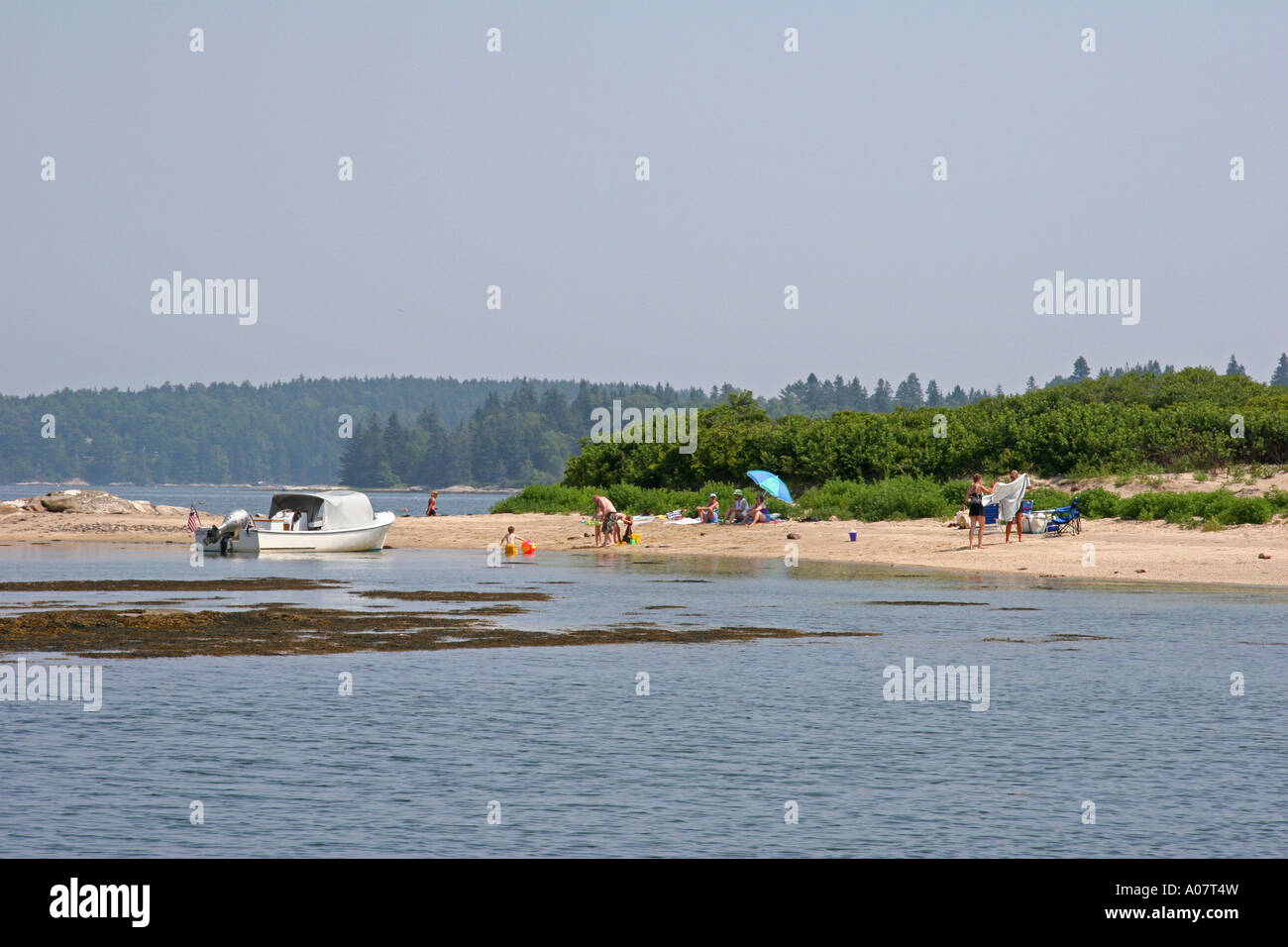 The sandy swimming beach on Powderhorn Island, Boothbay, Maine Stock ...