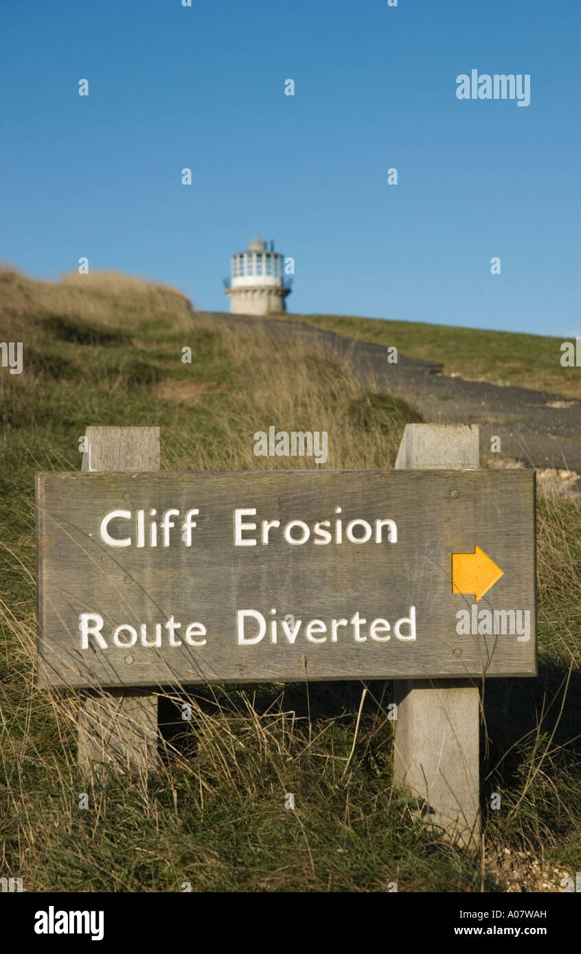 Sign warning of cliff erosion by Belle Tout Lighthouse, Beachy Head ...