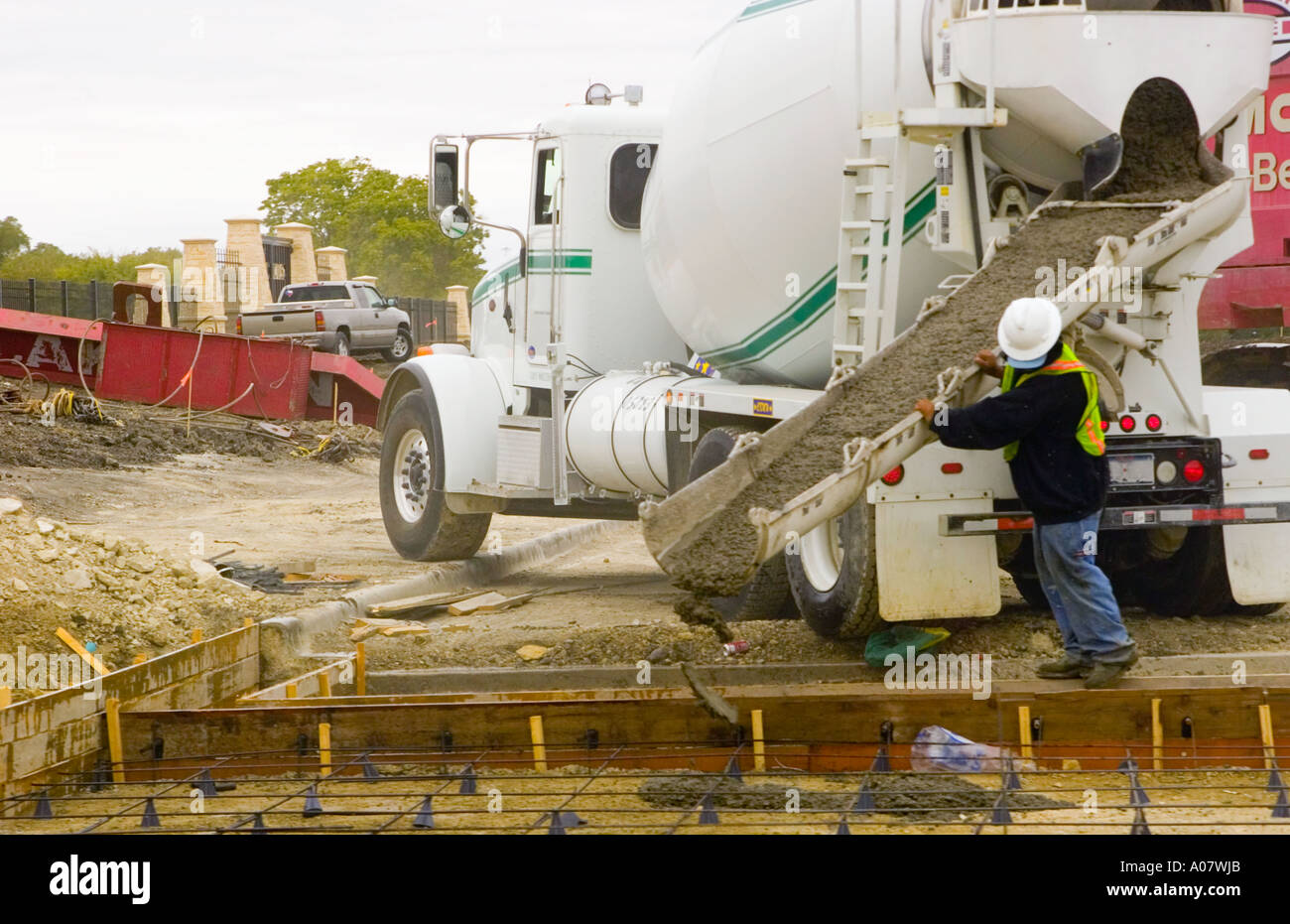 Pouring cement for road construction north of Dallas Texas USA Stock ...