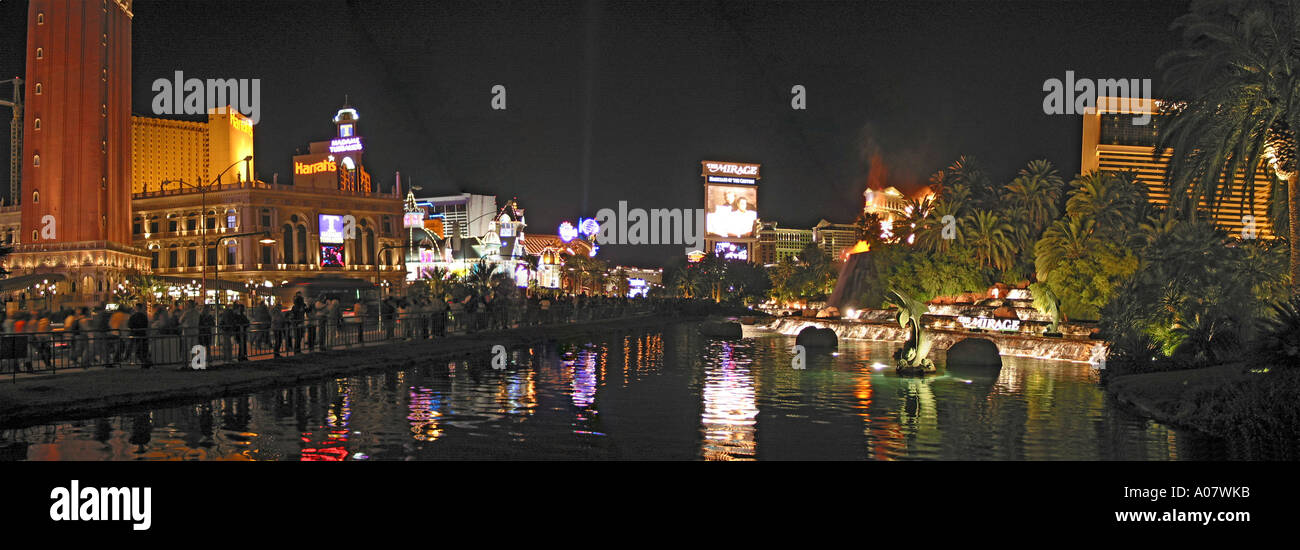 Las Vegas panorama, night shot of water in front of Mirage Nevada USA ...