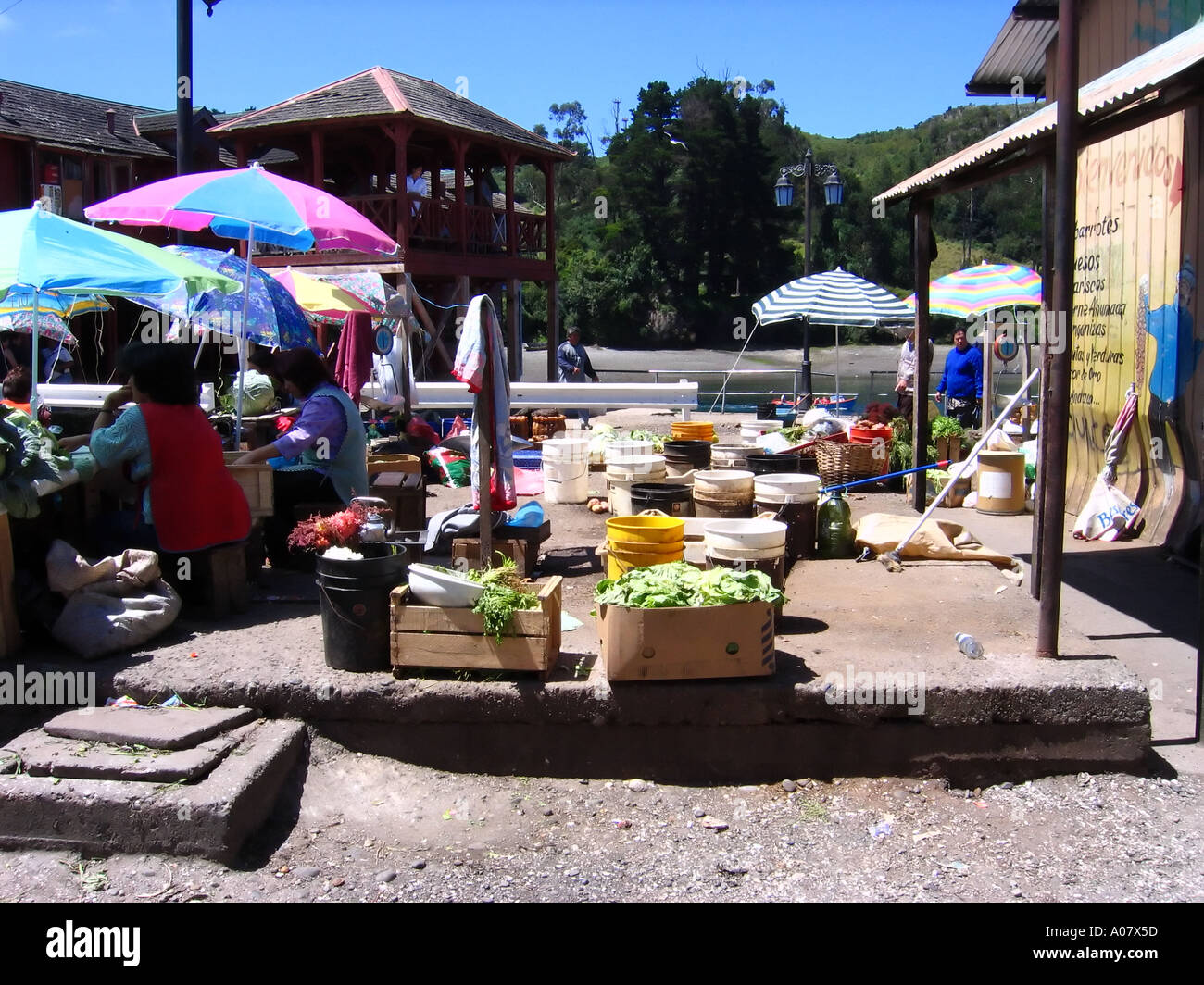 colourful colorful umbrellas in the market Angelmo Puerto Montt Chile ...
