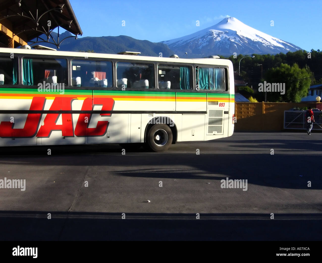 bus in bus stop with volcan villarica in the distance pucon chile Stock ...