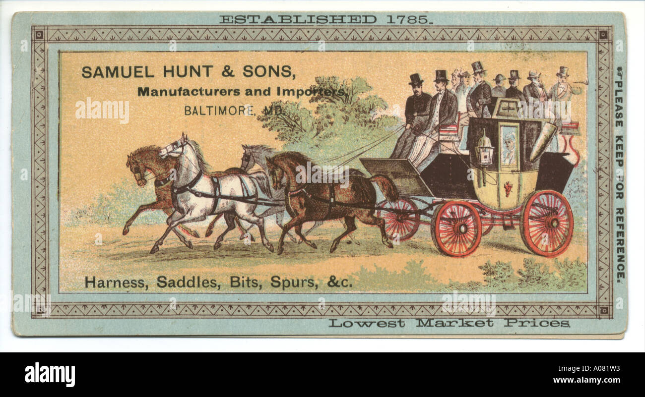 Harness maker, Samuel Hunt & Sons, trade card circa 1880 Stock Photo ...