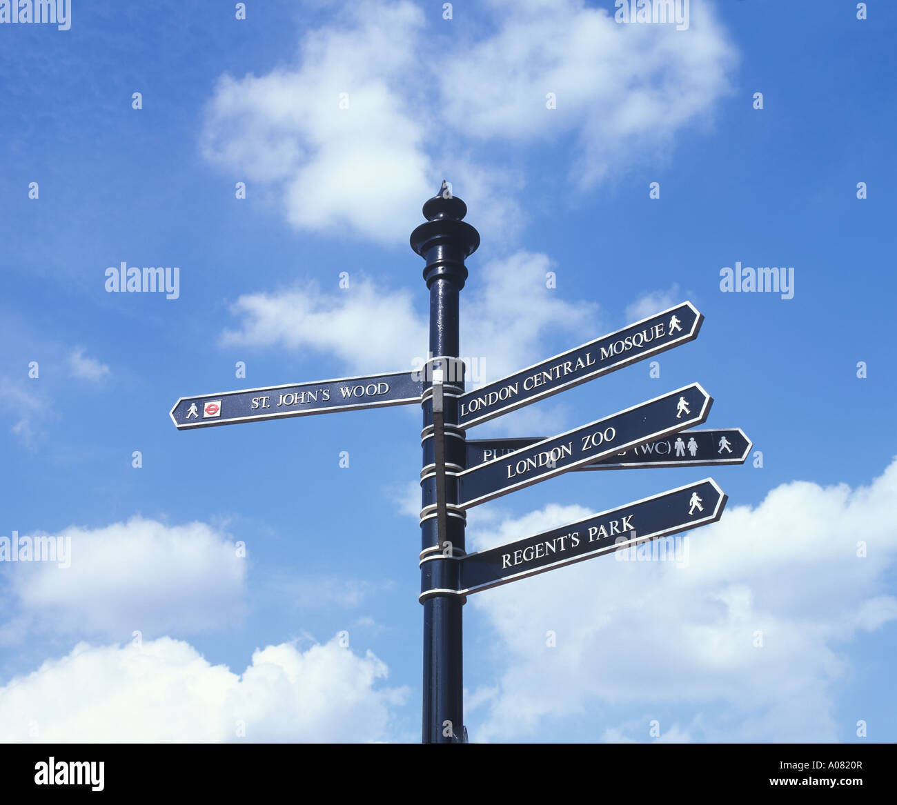 traditional cast iron west London sign post with famous sites named in ...