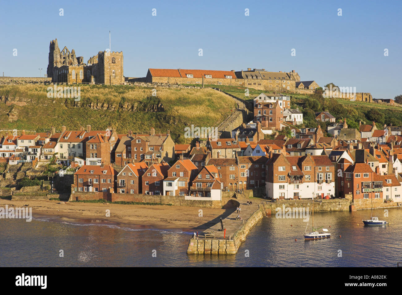 whitby abbey ruins old town and seafront beach and harbour north ...