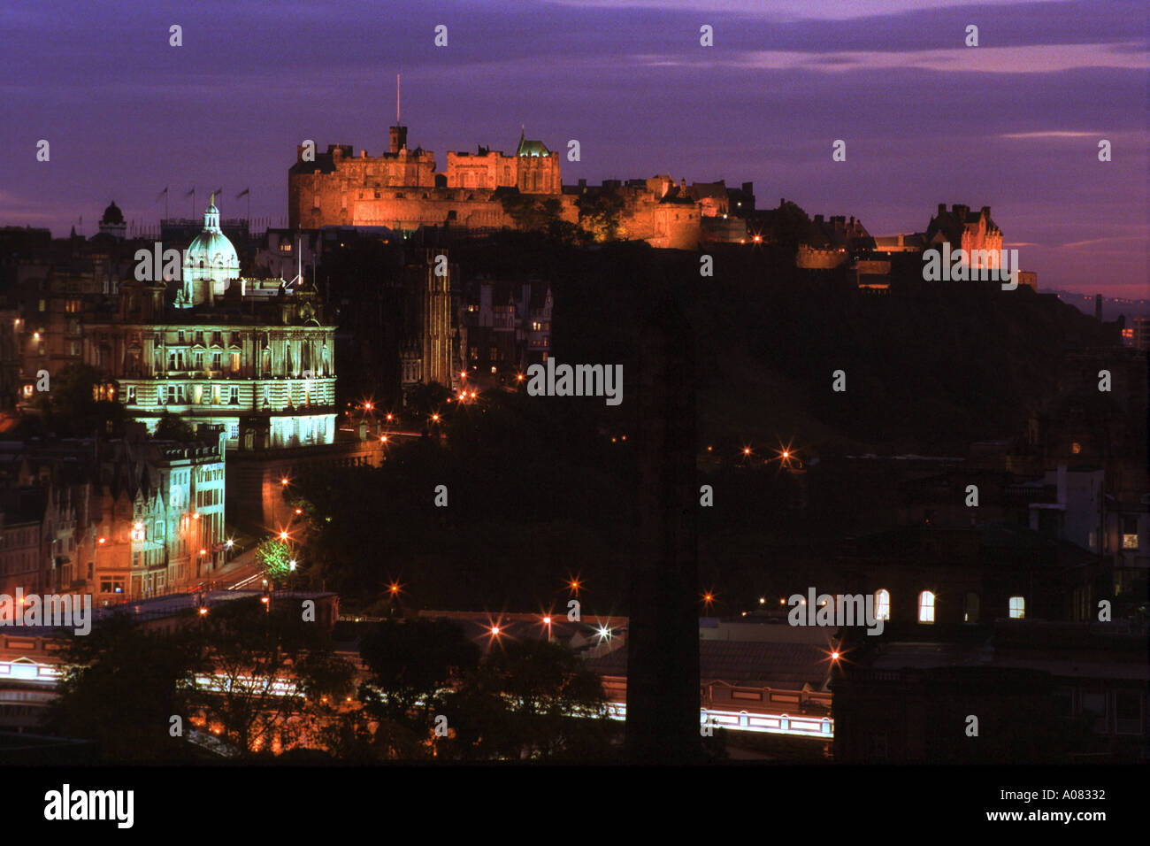 Edinburgh Castle illuminated at dusk viewed from Calton Hill Stock ...