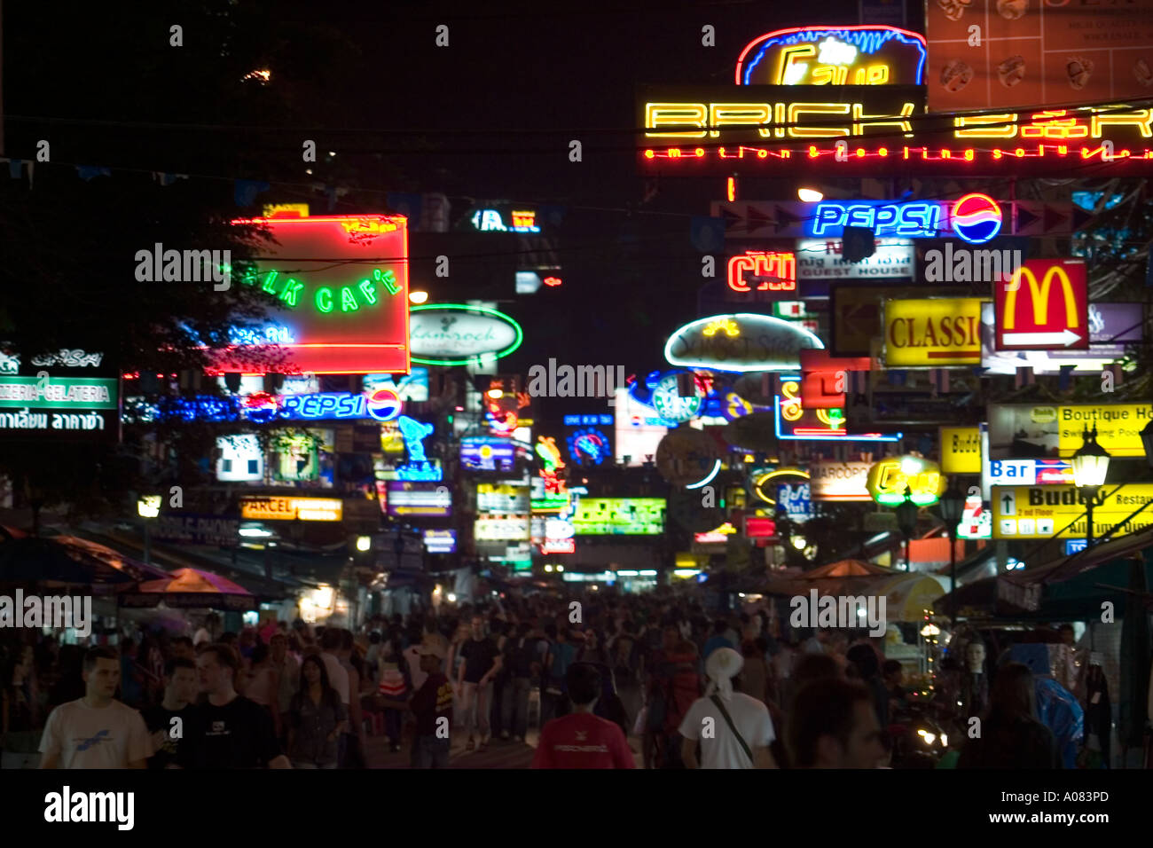 Neon lights shine over Khao San Road Bangkok Banglamphu Thailand signs ...