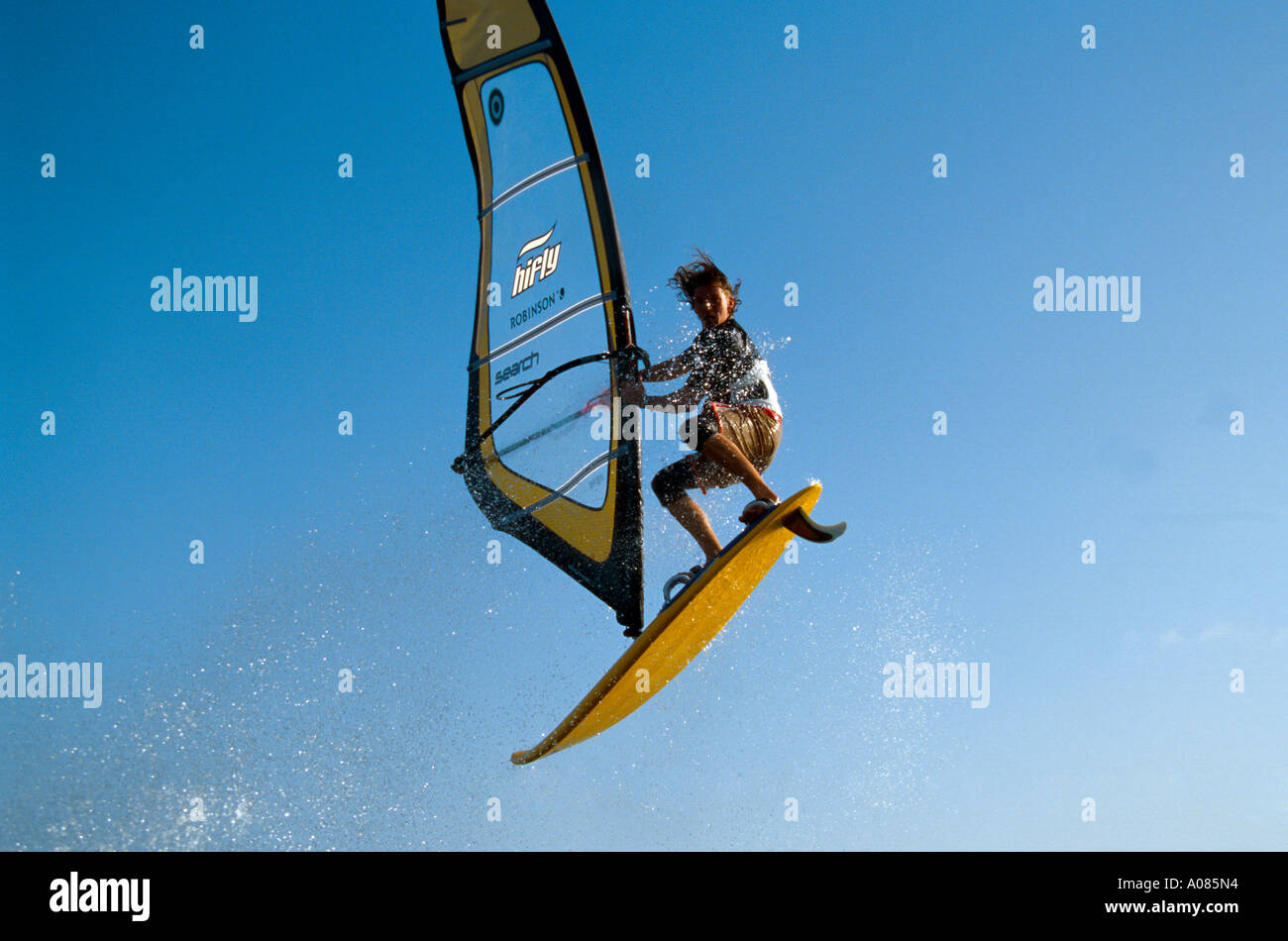 Windsurfing jump Sotavento Fuerteventura ESP SPAIN Stock Photo - Alamy