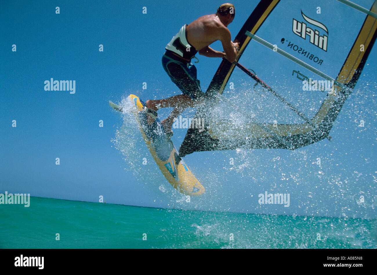 Windsurfing jump Sotavento Fuerteventura ESP SPAIN Stock Photo - Alamy
