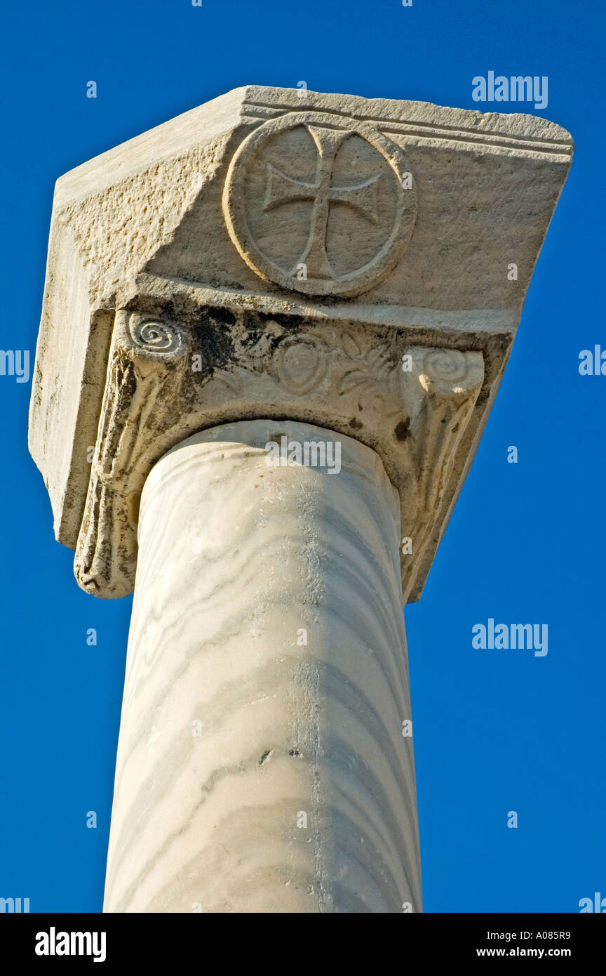 Marble stone column and capital, depicting cross of Saint John, St ...