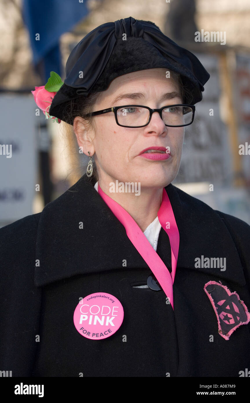 Code Pink Women for Peace supporter at protest outside the Parliament ...