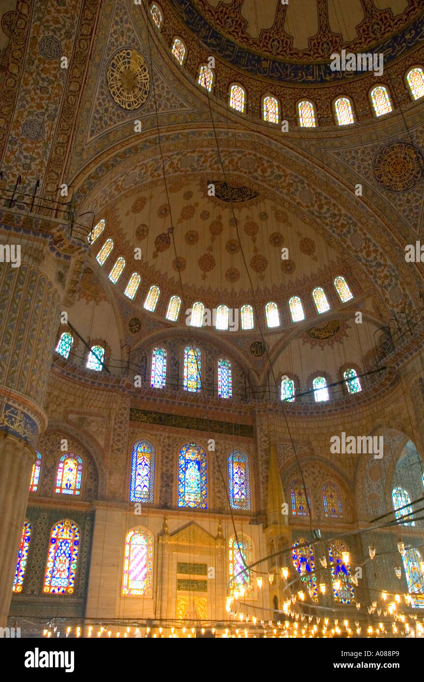 The beautiful, stunning domed ceiling and windows of the Blue Mosque ...
