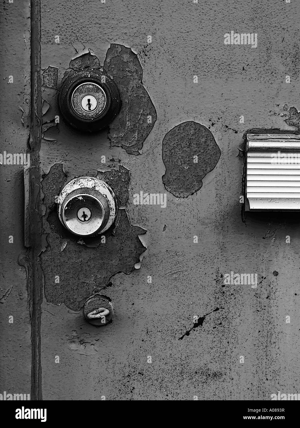 Detail view of a decaying rusty door Emphasizing the paint peeling ...