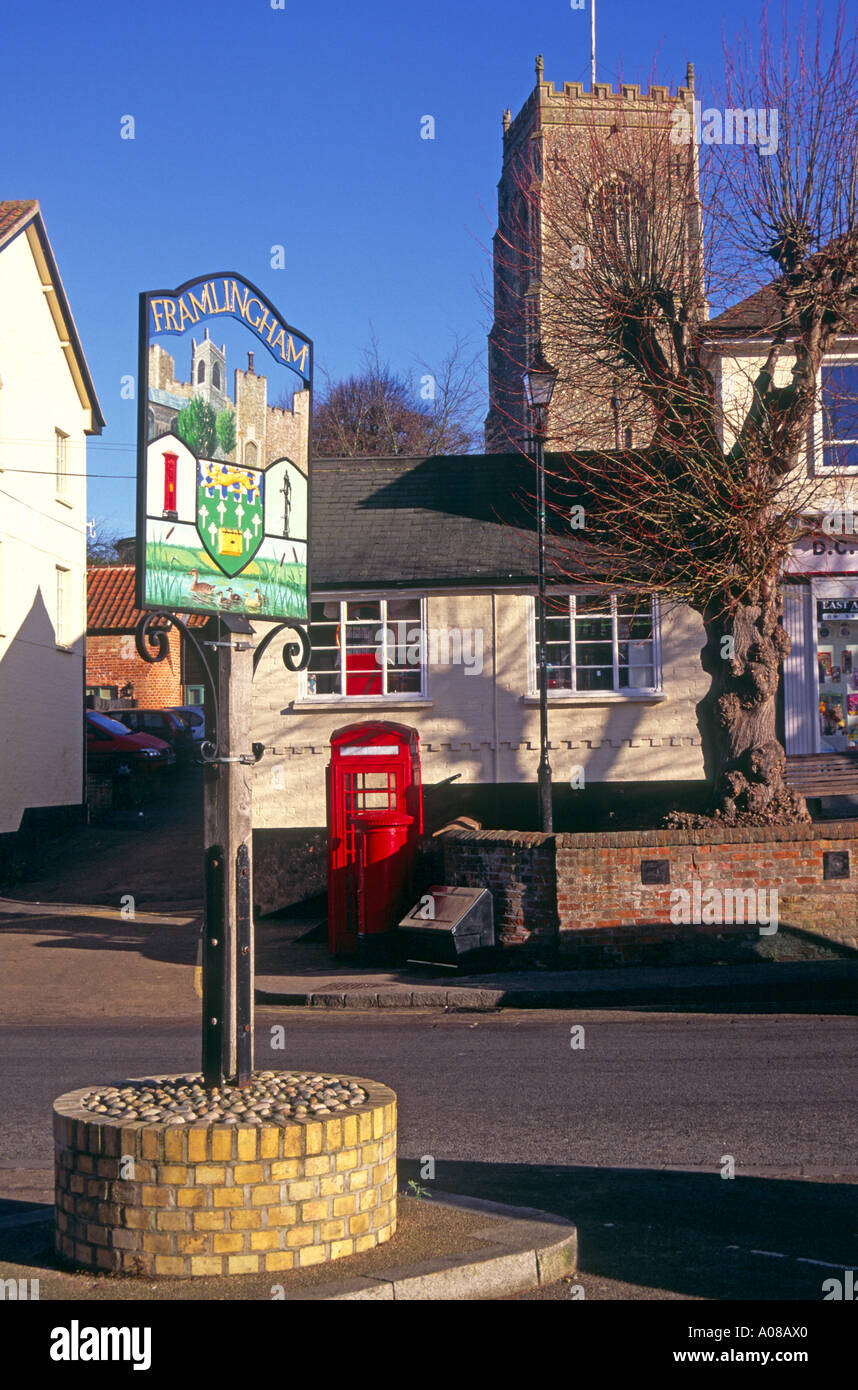 Framlingham town sign and church from market square Suffolk England ...