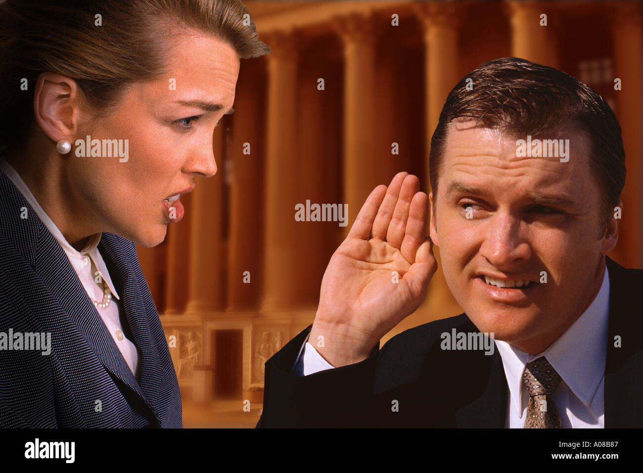 Businesswoman yelling at listening man Stock Photo - Alamy