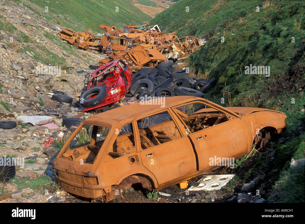 Fly-tipped cars in "Car Valley", Abersychan, Pontypool, Mid-Glamorgan ...