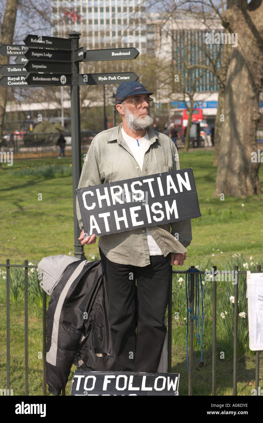 Man standing with Christian Atheism sign around his neck at Speaker's ...