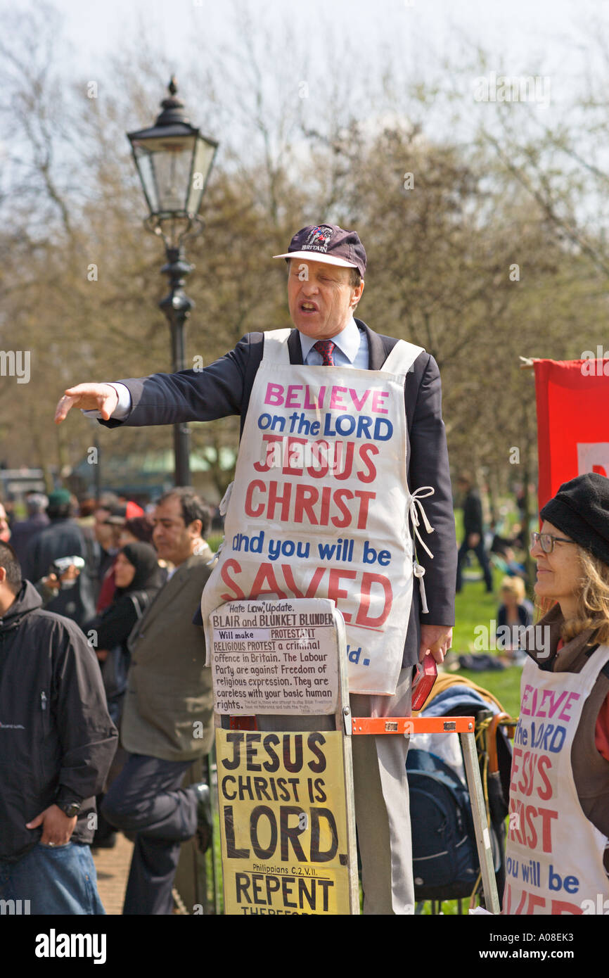 Religious speaker talking to the crowd at Speaker's Corner, London ...