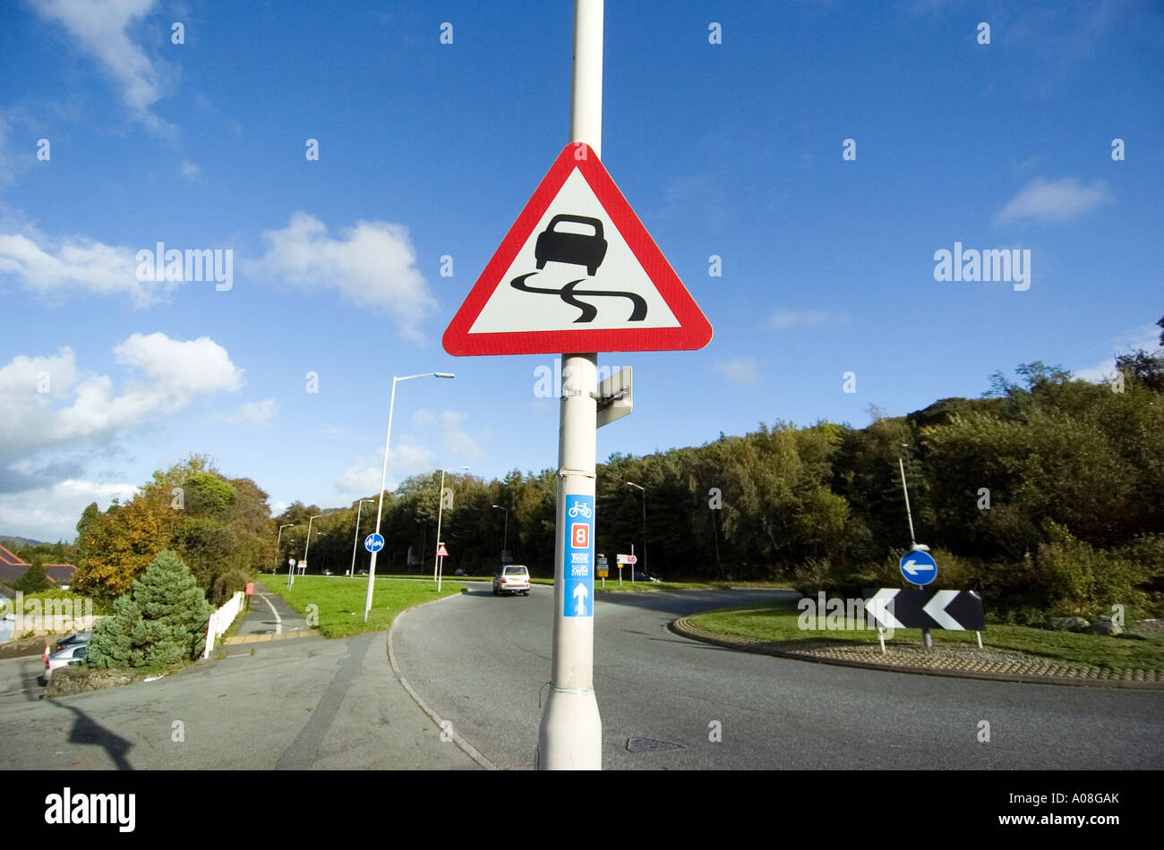 Danger sign on roadside at the Menai Straights bridge near Bangor in ...