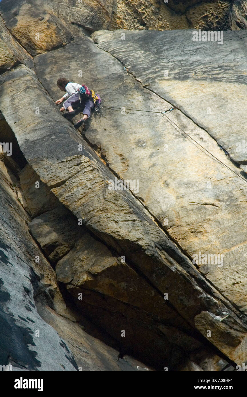 Rock Climber leading a traditional route in the Elbsandsteingebirge ...