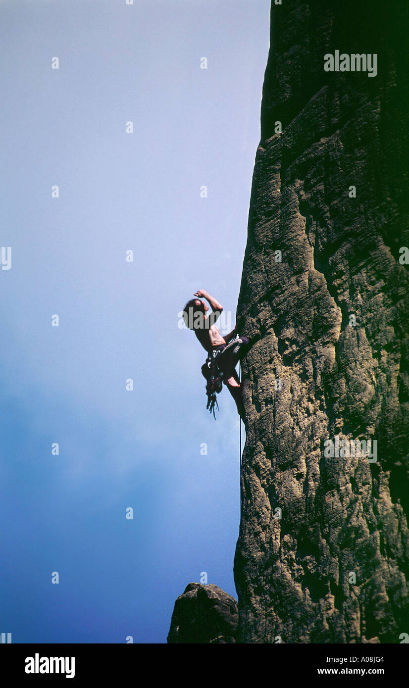Climber Tobias Wolf climbing the Left Valley Arete RP 11a on Hlaska ...