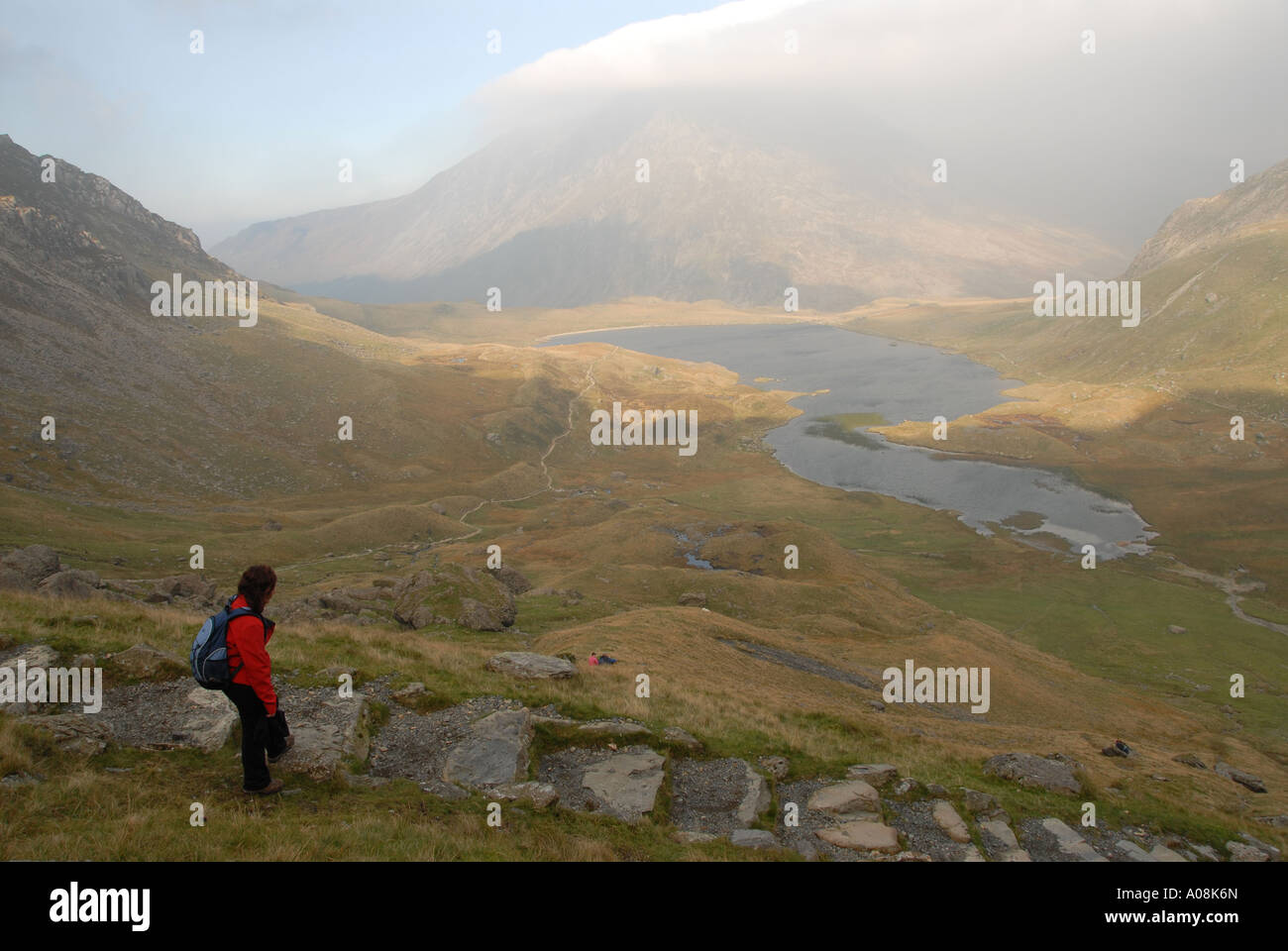 Walker in Devil s Kitchen Llyn Idwal Cwm Idwal Basin Pen yr Ole Wen ...