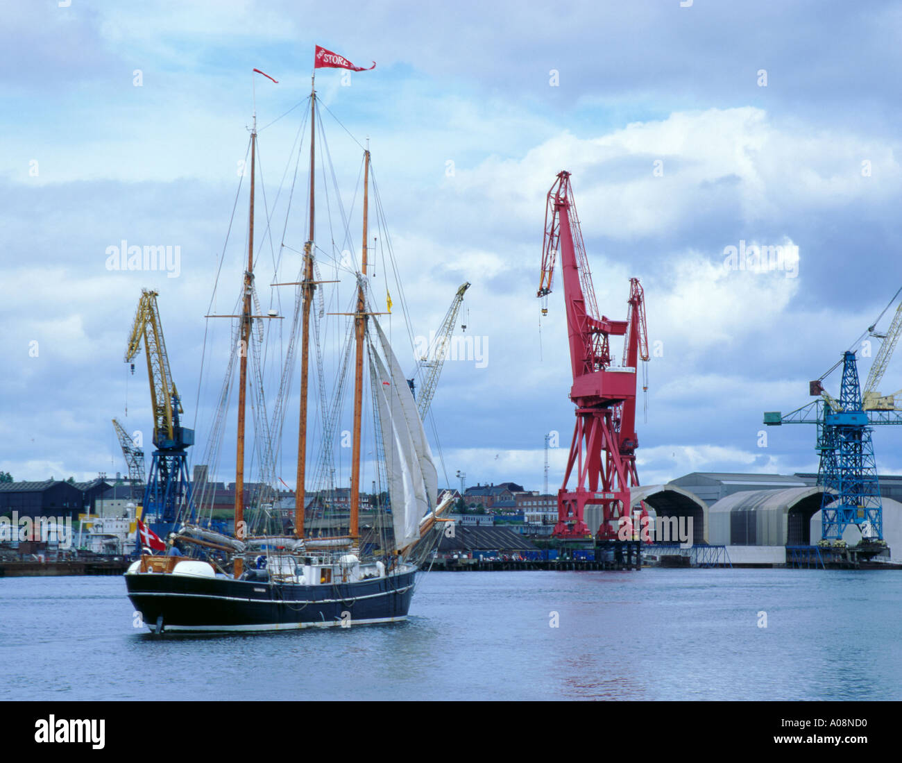 Danish tall ship sailing down the River Tyne at the start of a Tall ...