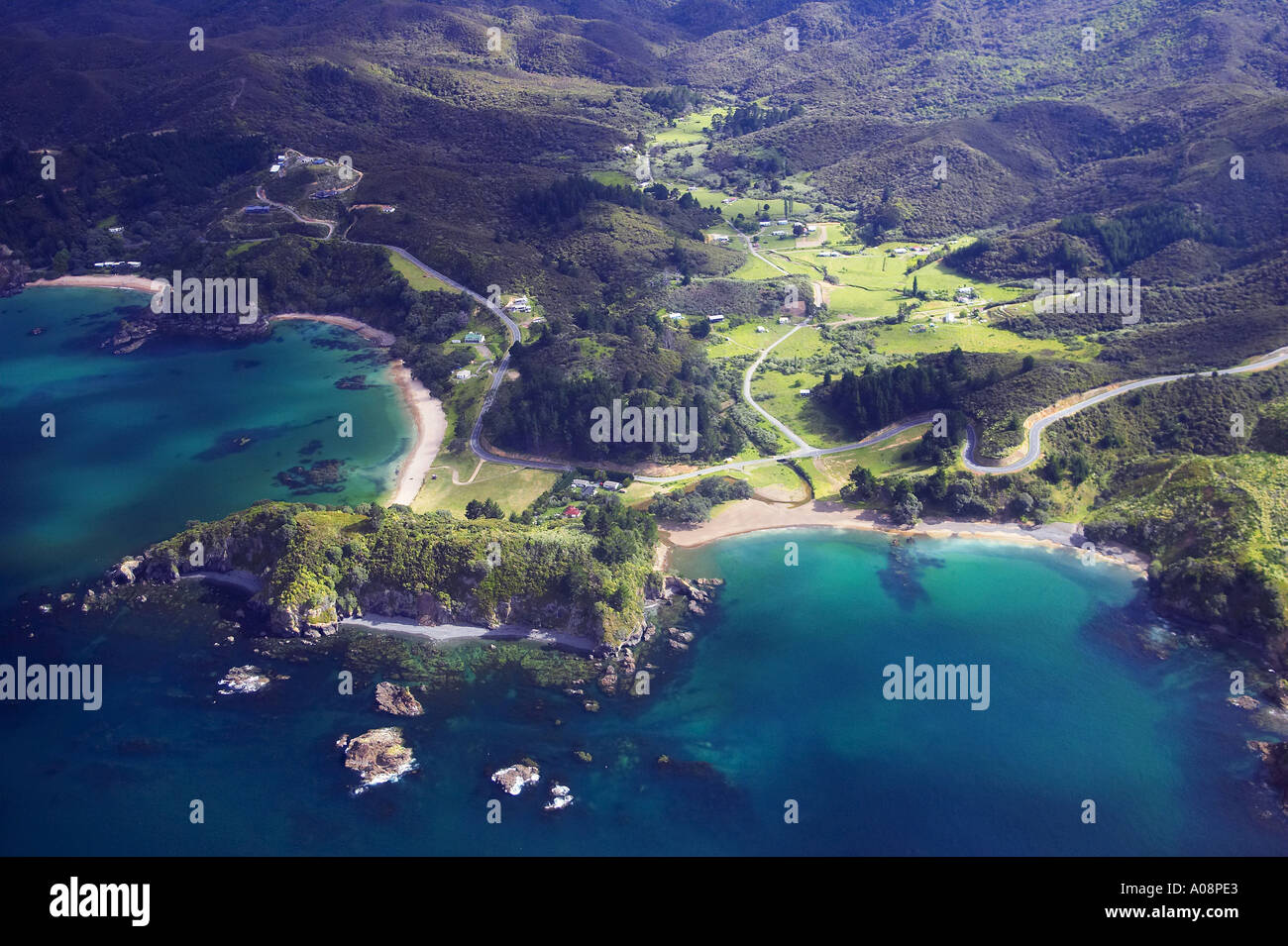 Wainui Bay right Piapia Bay left Northland New Zealand aerial Stock ...
