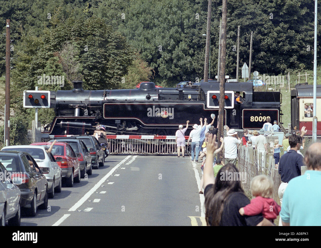Steam Train crossing the road at East Farleigh, near Maidstone, Kent ...