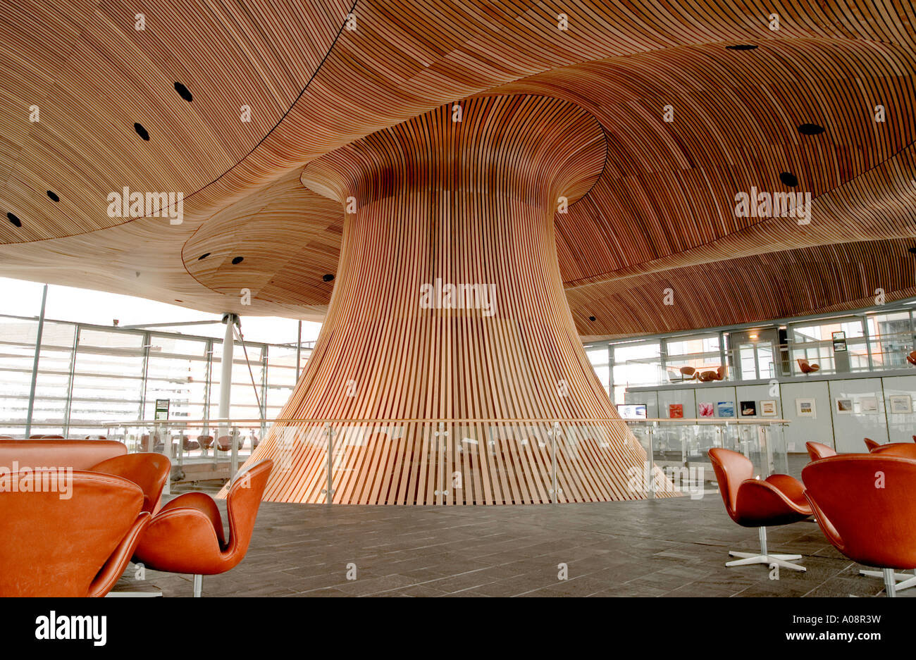 Ornate wooden interior of public area in the Welsh Assembly Building ...