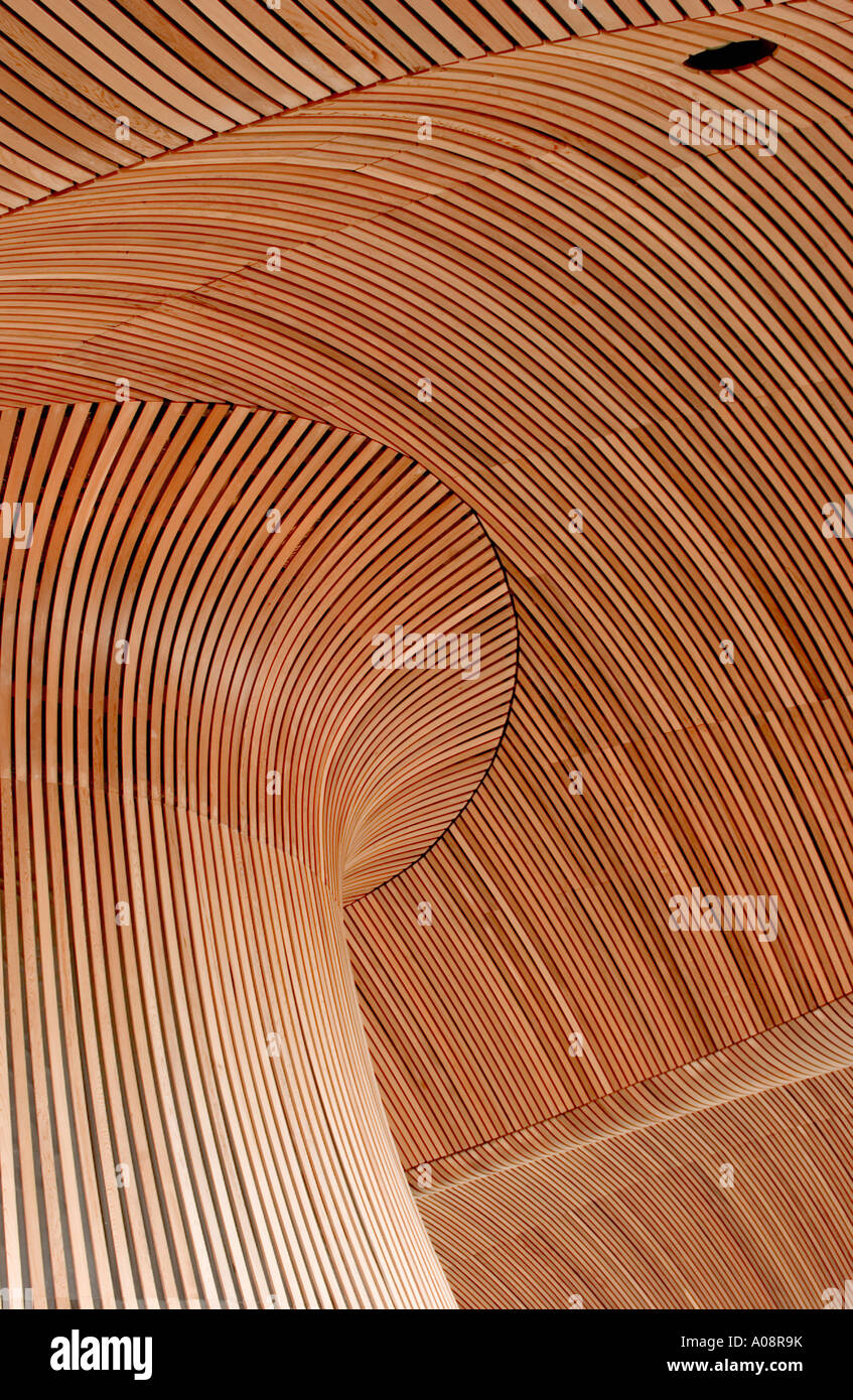Ornate wooden interior of public area in the Welsh Assembly Building ...