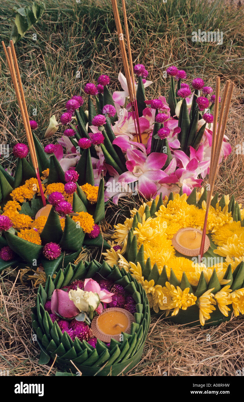 Candles and flowers floating in a Kratong Songkran Floats in Thailand ...